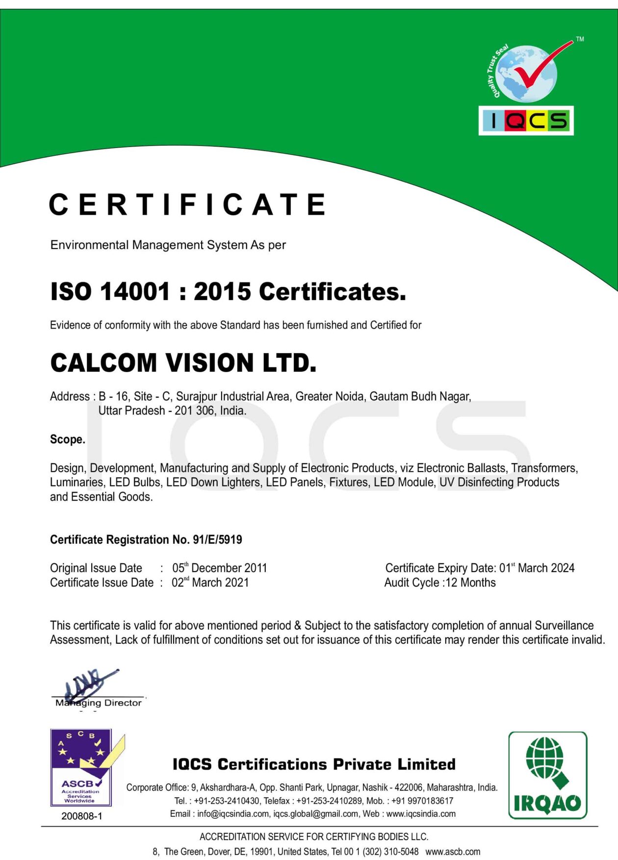 Certificates – Calcom Vision Ltd