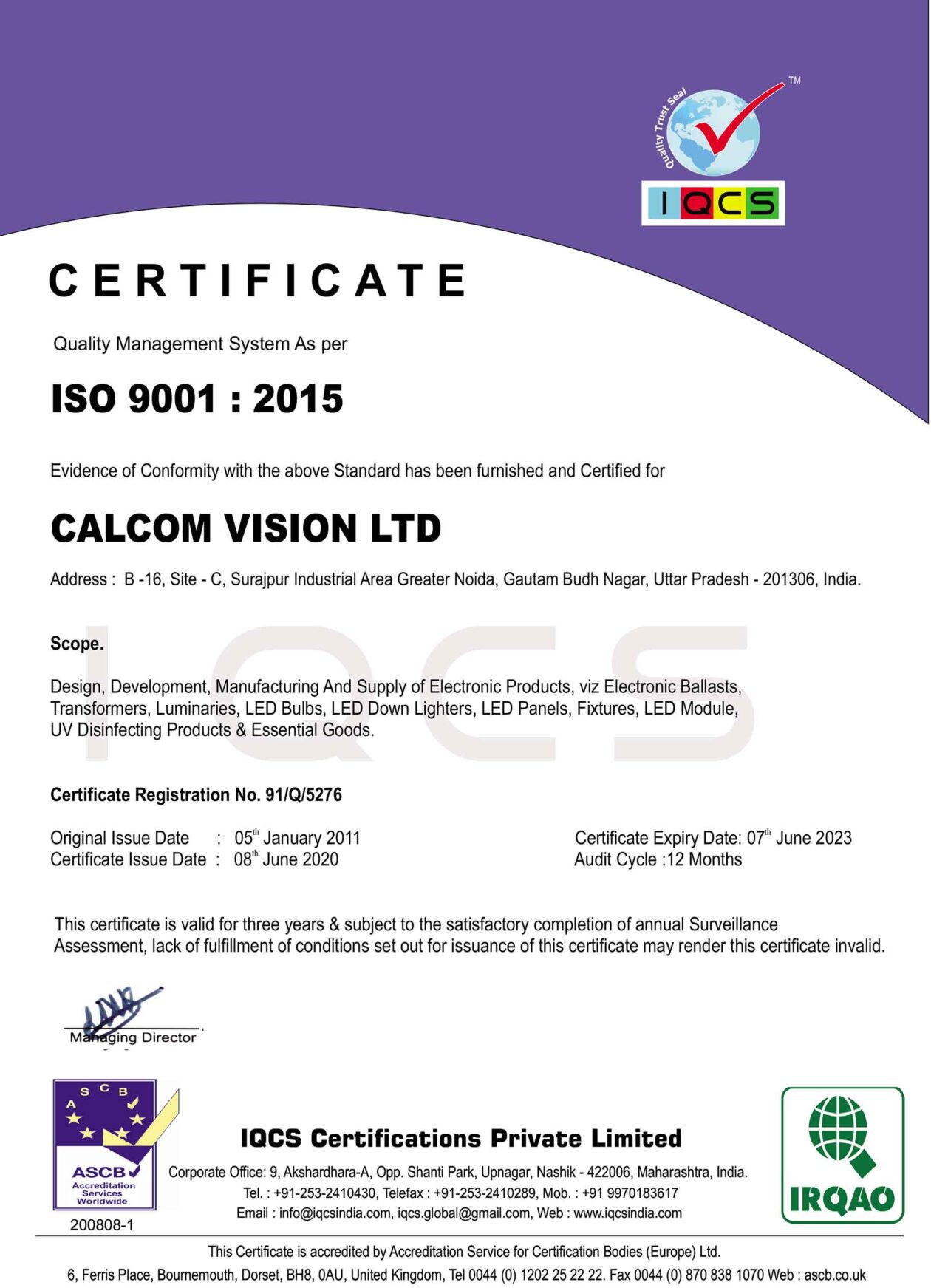 Certificates – Calcom Vision Ltd